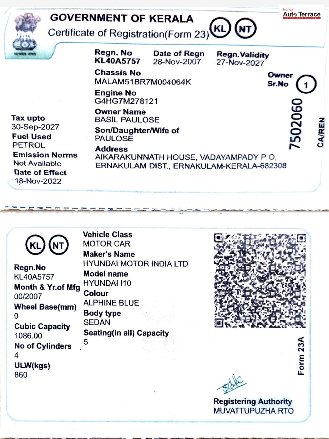 Buy Used Hyundai i10 Era 1.1 of 2007 model @ 89,000 INR in Ernakulam ...